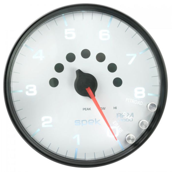 GAUGE, TACHOMETER, 5in, 8K RPM, W/SHIFT LIGHT & PEAK MEM, WHITE/BLACK,